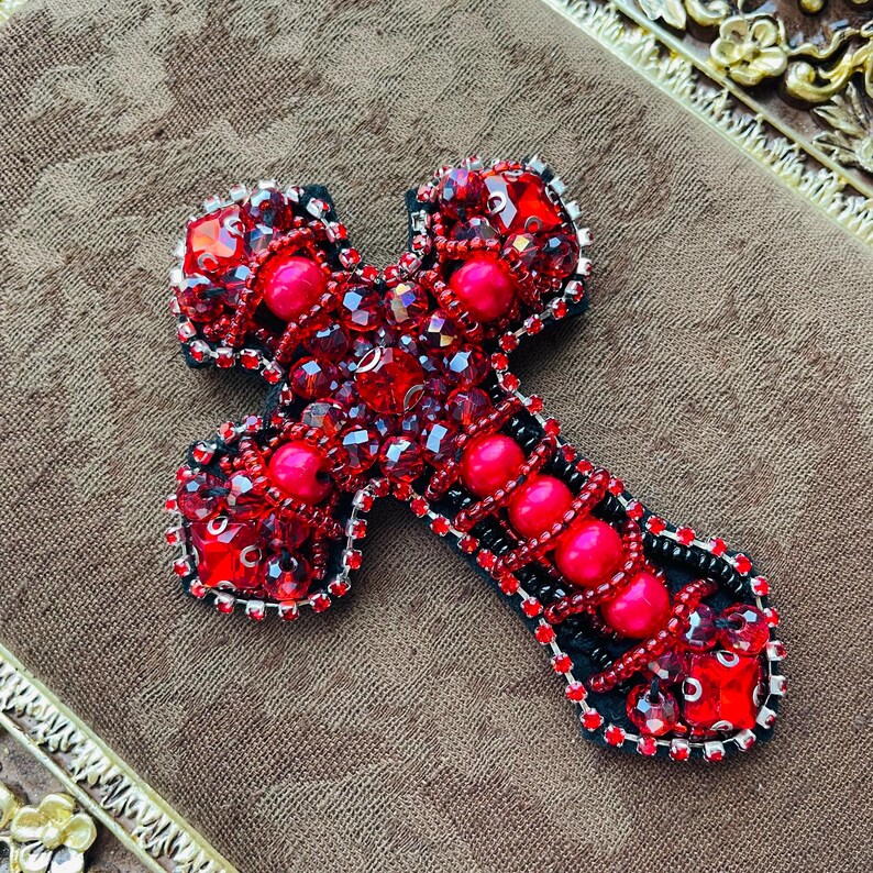 Hand Beaded Cross Patch, Red & Black Rhinestone Embroidery Applique ...