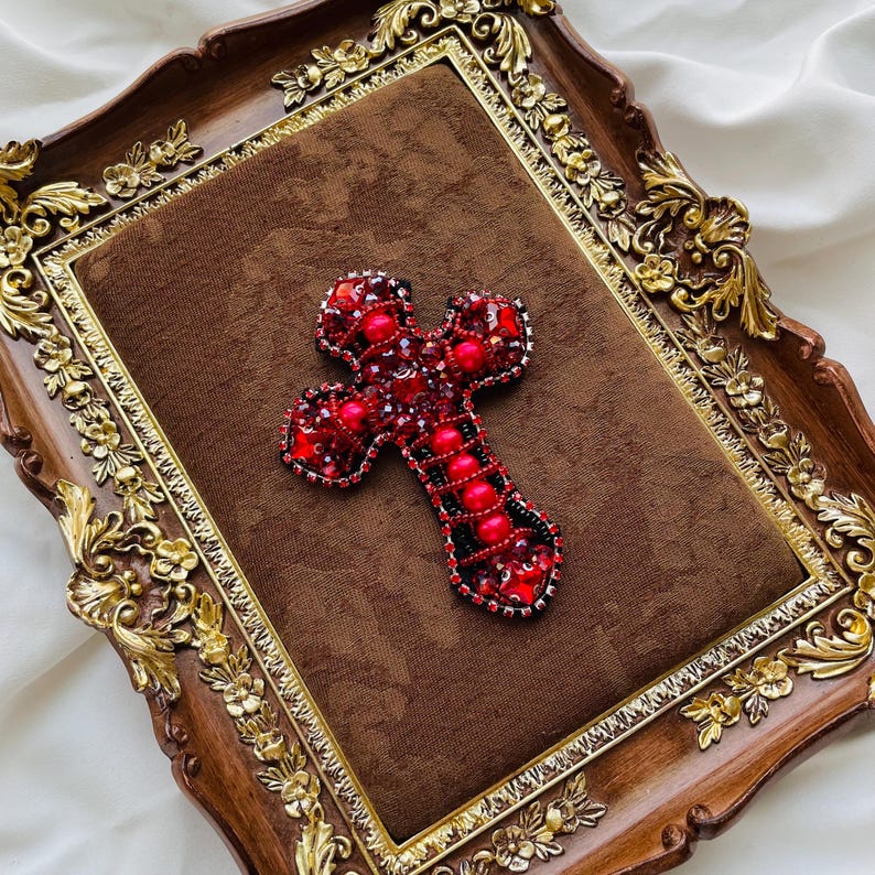 Hand Beaded Cross Patch, Red & Black Rhinestone Embroidery Applique ...