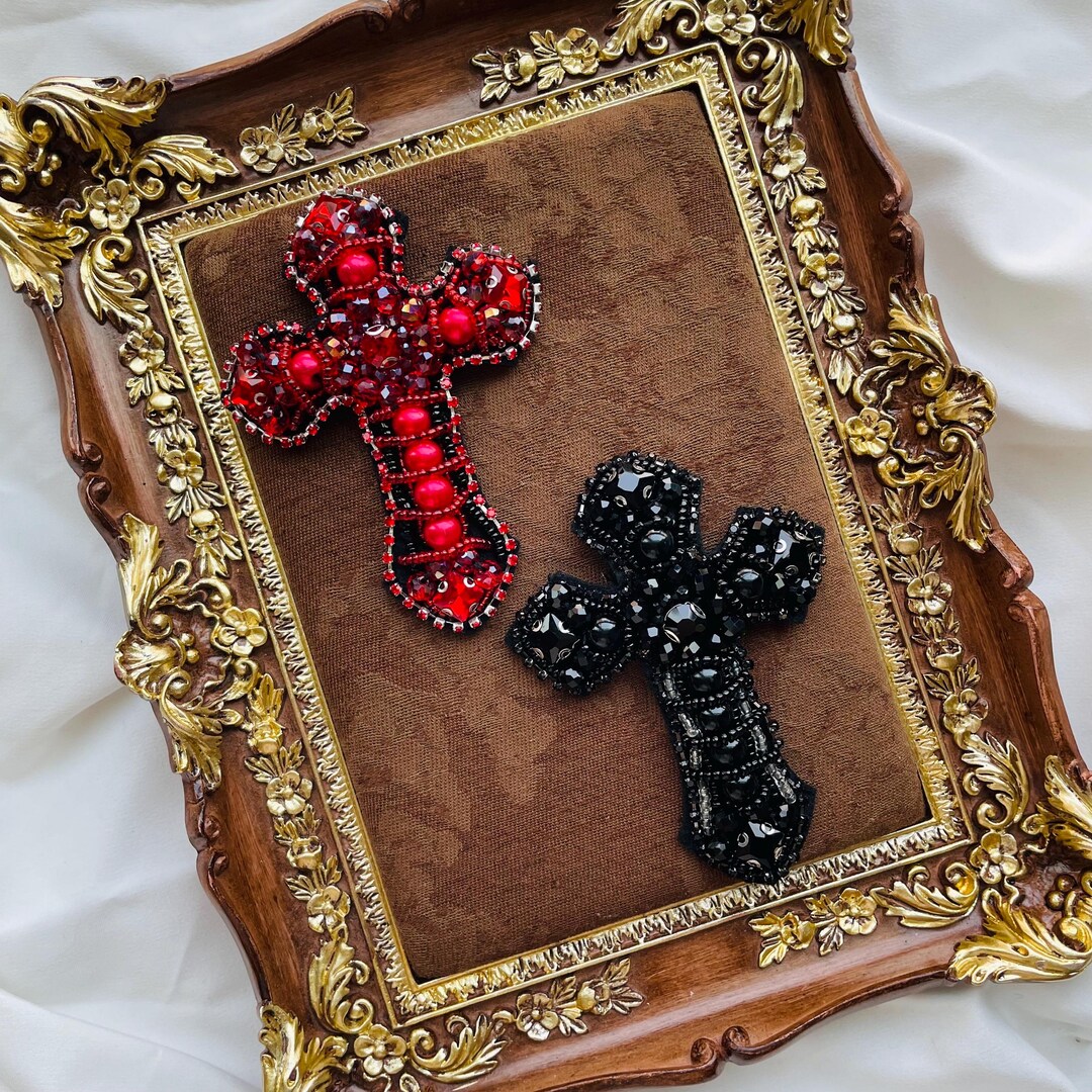 Hand Beaded Cross Patch, Red & Black Rhinestone Embroidery Applique ...