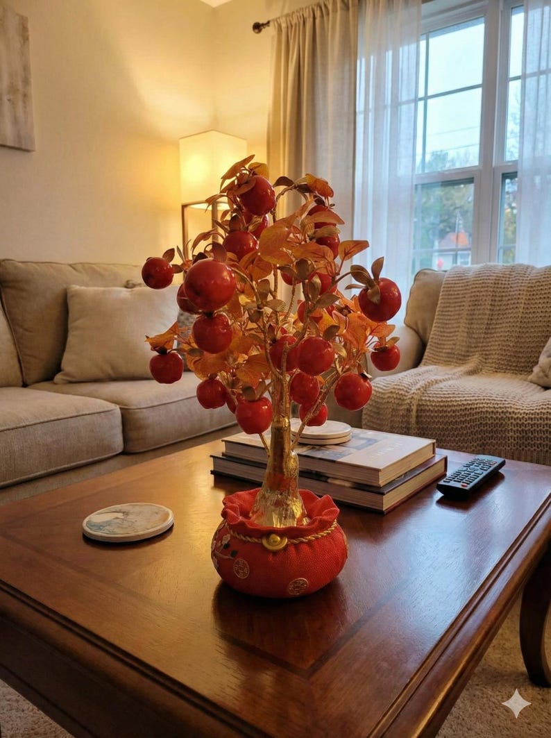 Artificial Fortune Apple Tree With Golden Leaves - Red Fruit Bonsai for ...