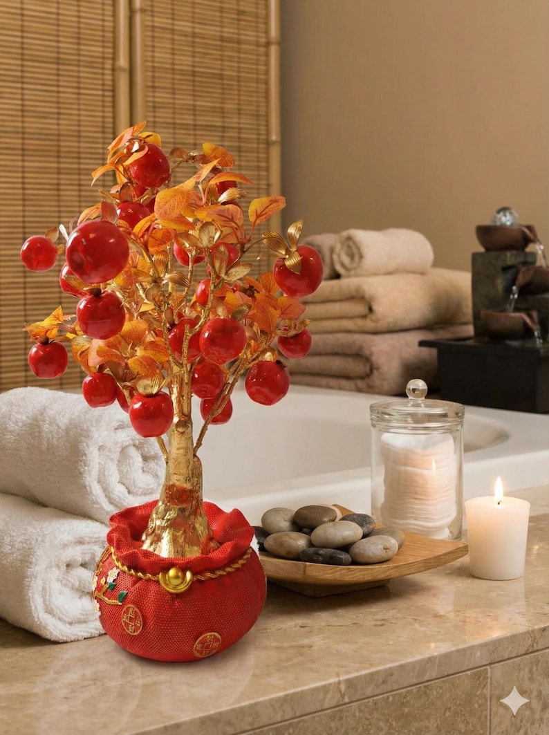 Artificial Fortune Apple Tree With Golden Leaves - Red Fruit Bonsai for ...