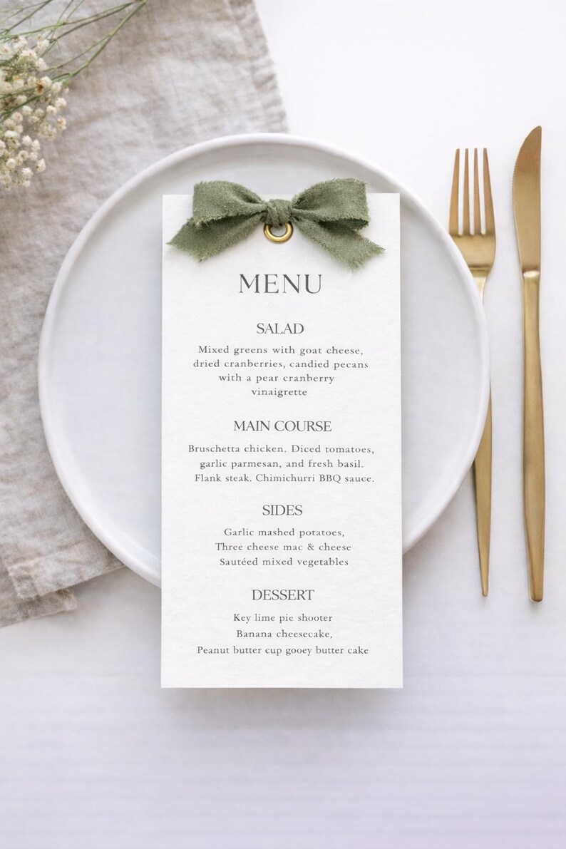 PRINTED Menu Cards for Wedding or Event With Cotton Ribbon - Etsy