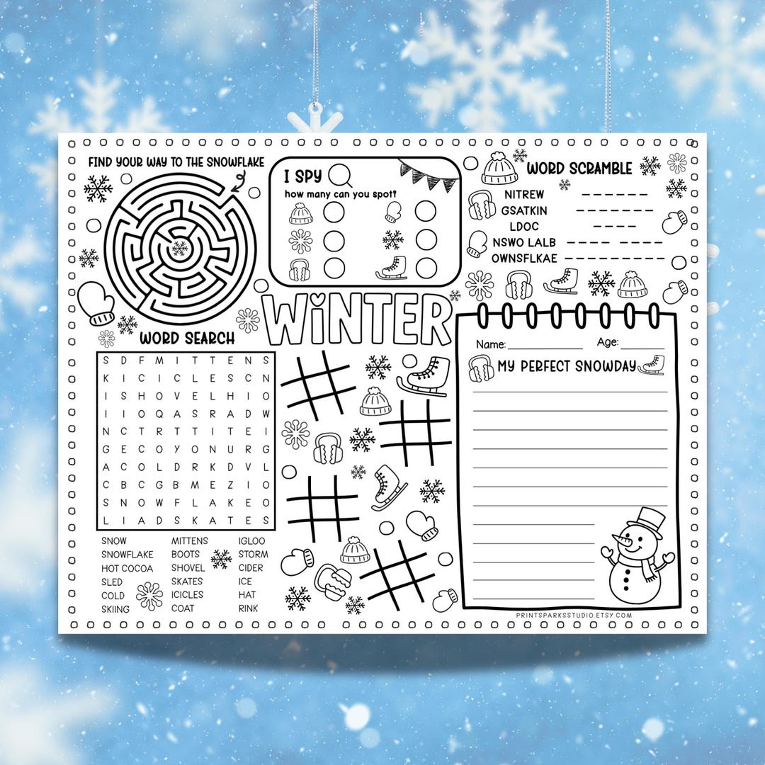 Winter Activity Placemat for Kids | Printable Winter Games | Word ...