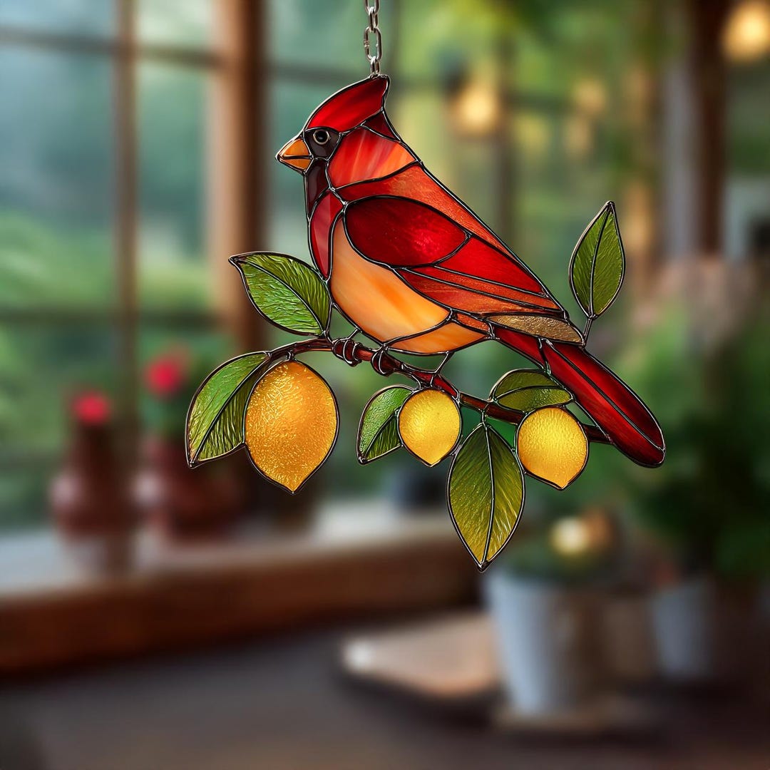Red Cardinal Bird Acrylic Suncatcher Perched on Lemon Tree Branch ...