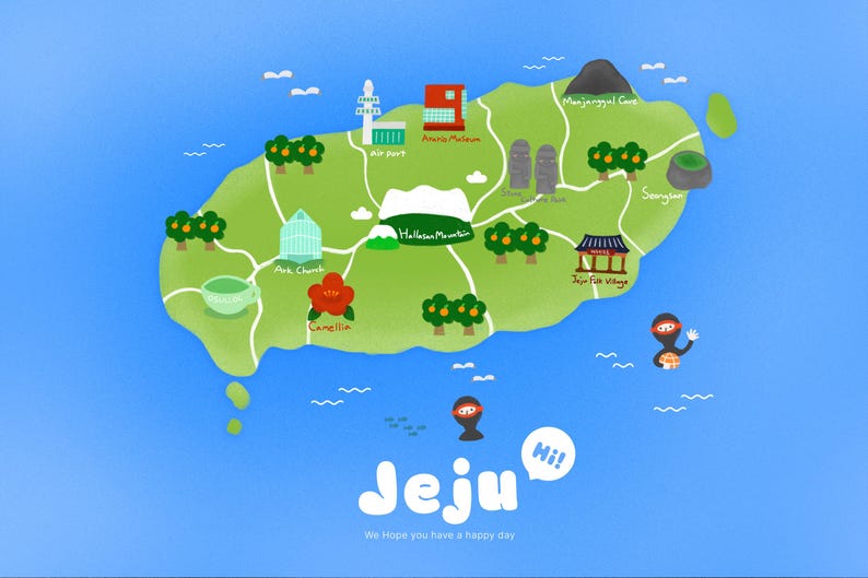 Korea Jeju Island Travel Map Illustration - Etsy