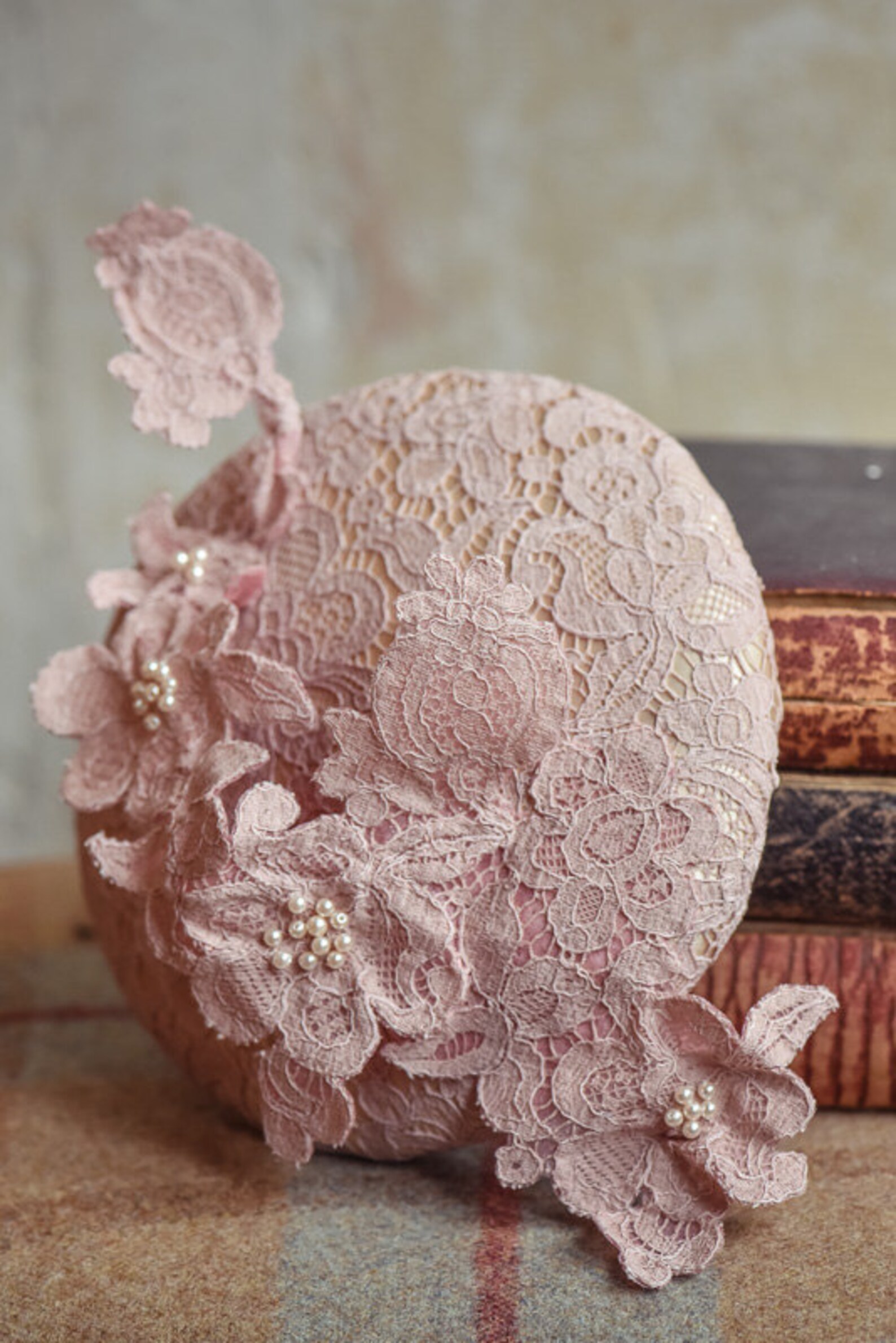 Pale Blush Pink Lace Hat With Wired Lace Trim & Pearl Beads - Cocktail ...