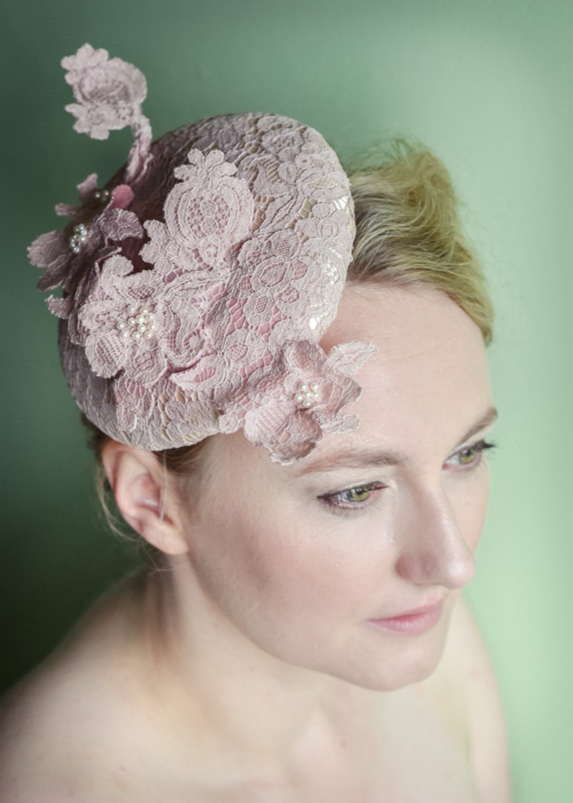 Pale Blush Pink Lace Hat With Wired Lace Trim & Pearl Beads - Cocktail ...