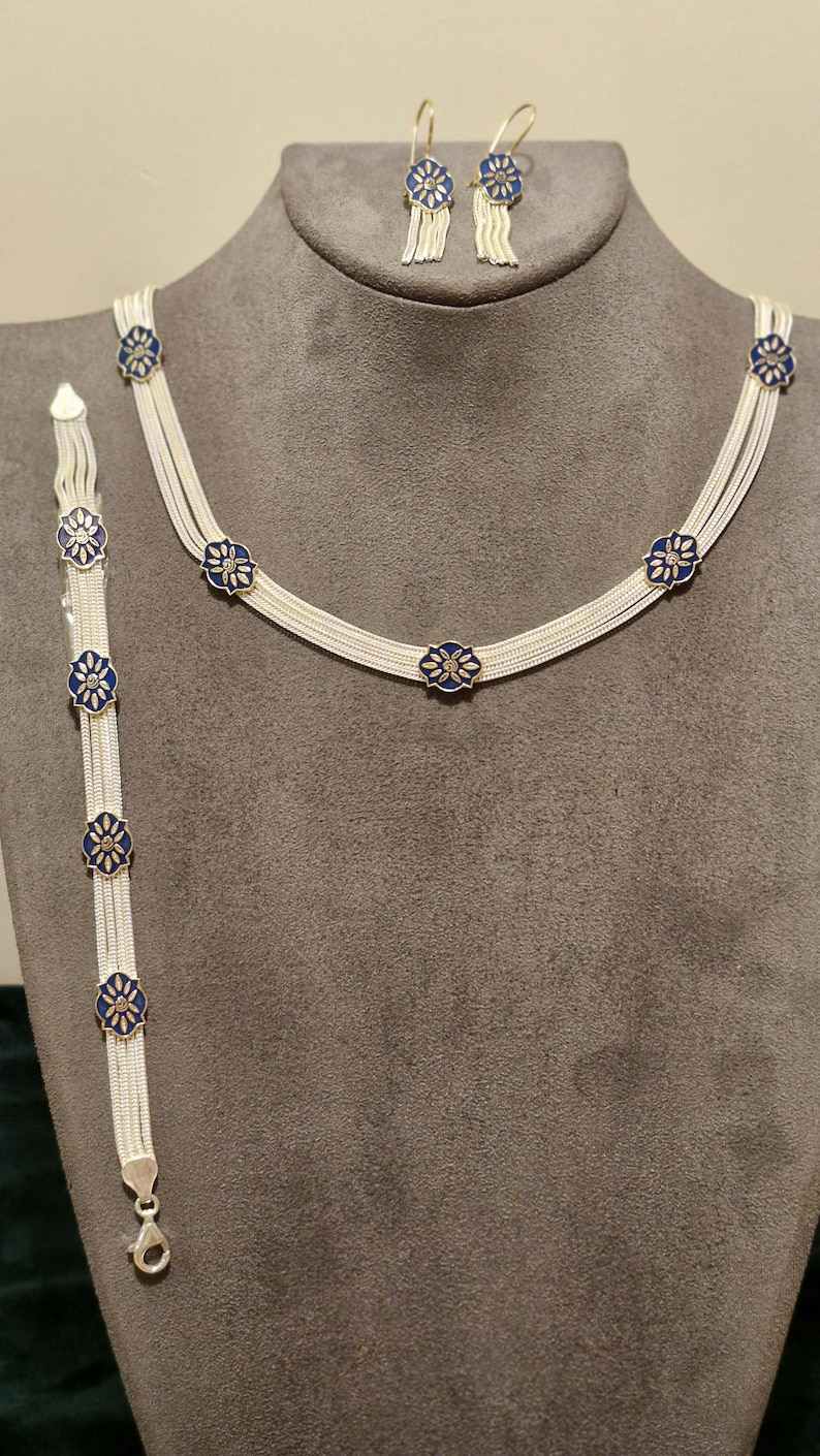 Gold Plated Midyat Navy Enamel Bracelet Necklace Earrings, Flower Motif ...