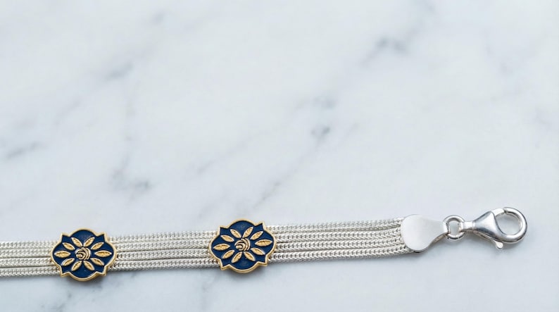 Gold Plated Midyat Navy Enamel Bracelet Necklace Earrings, Flower Motif ...