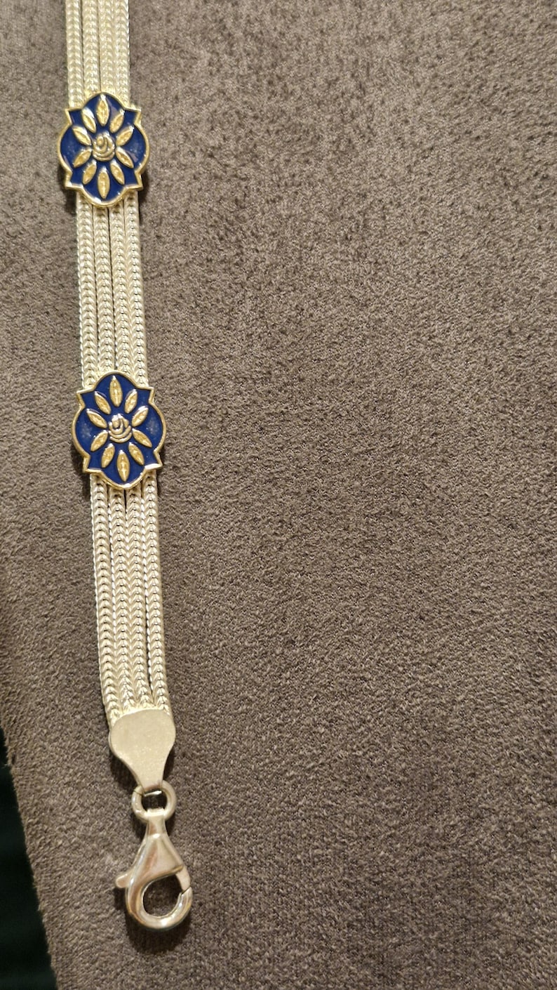 Gold Plated Midyat Navy Enamel Bracelet Necklace Earrings, Flower Motif ...