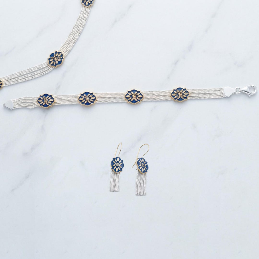 Gold Plated Midyat Navy Enamel Bracelet Necklace Earrings, Flower Motif ...