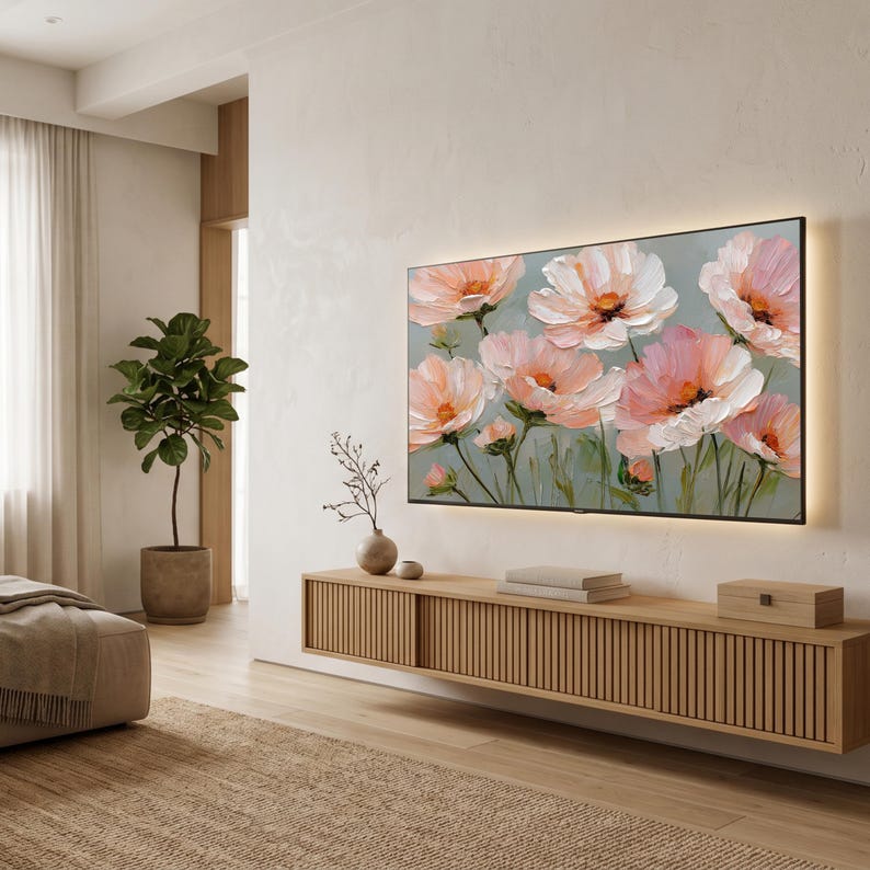 Pink Impasto Floral Samsung Frame TV Art, Palette Knife Cosmos Flower ...