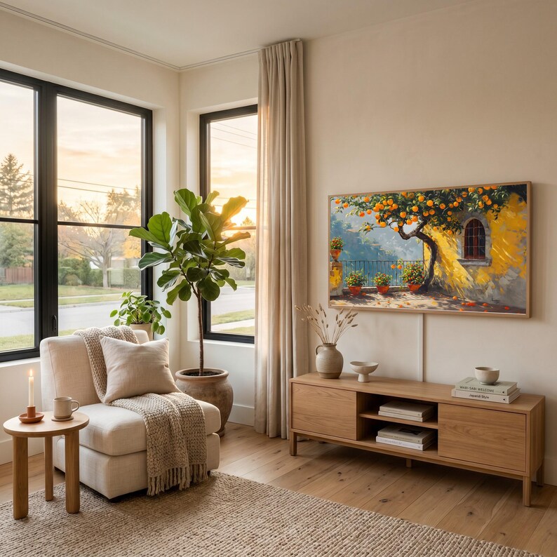 Samsung Frame TV Art, Orange Tree Terrace Oil Painting, Mediterranean ...