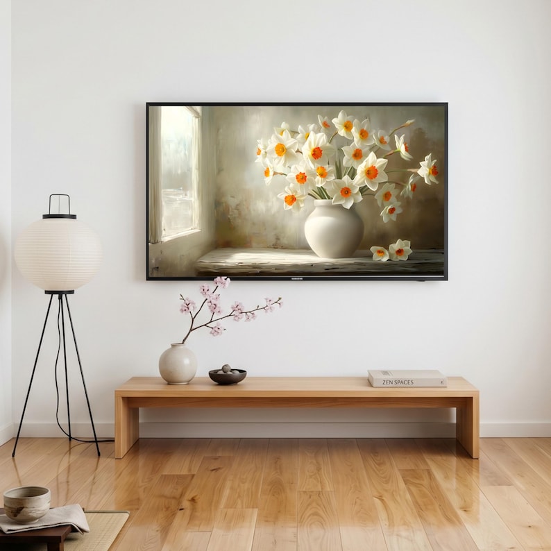 Vintage Daffodils TV Art, White Narcissus Oil Painting Samsung Frame TV ...