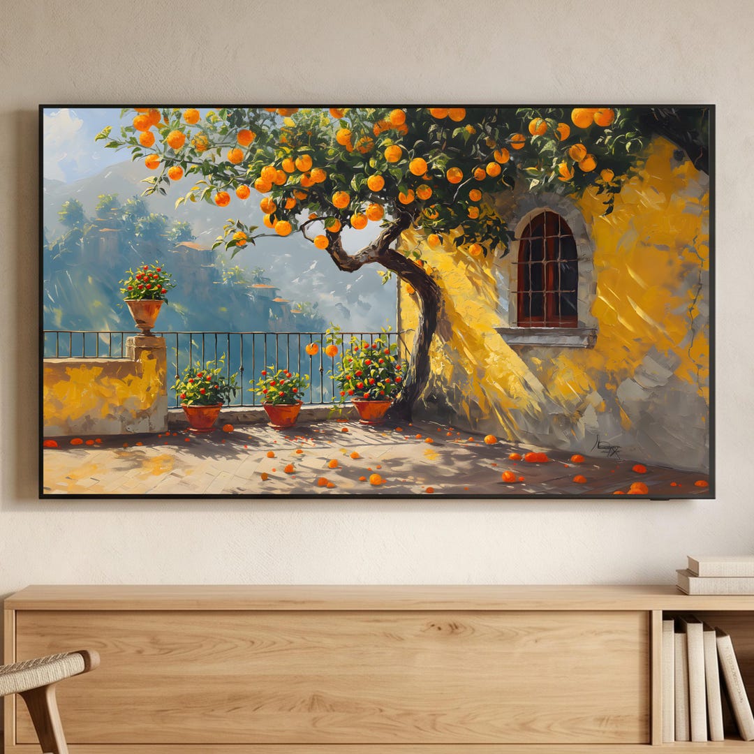 Samsung Frame TV Art, Orange Tree Terrace Oil Painting, Mediterranean ...