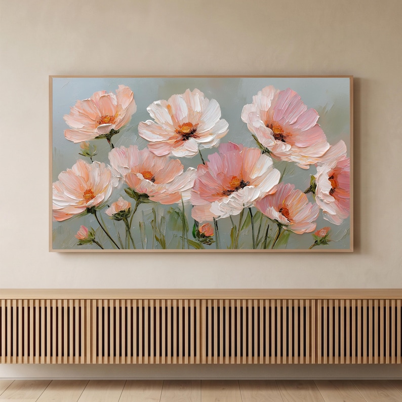 Pink Impasto Floral Samsung Frame TV Art, Palette Knife Cosmos Flower ...