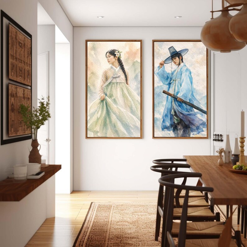 Veil of Quiet Korean Hanbok Couple Wall Art Set of 2 Pastel Neutral ...