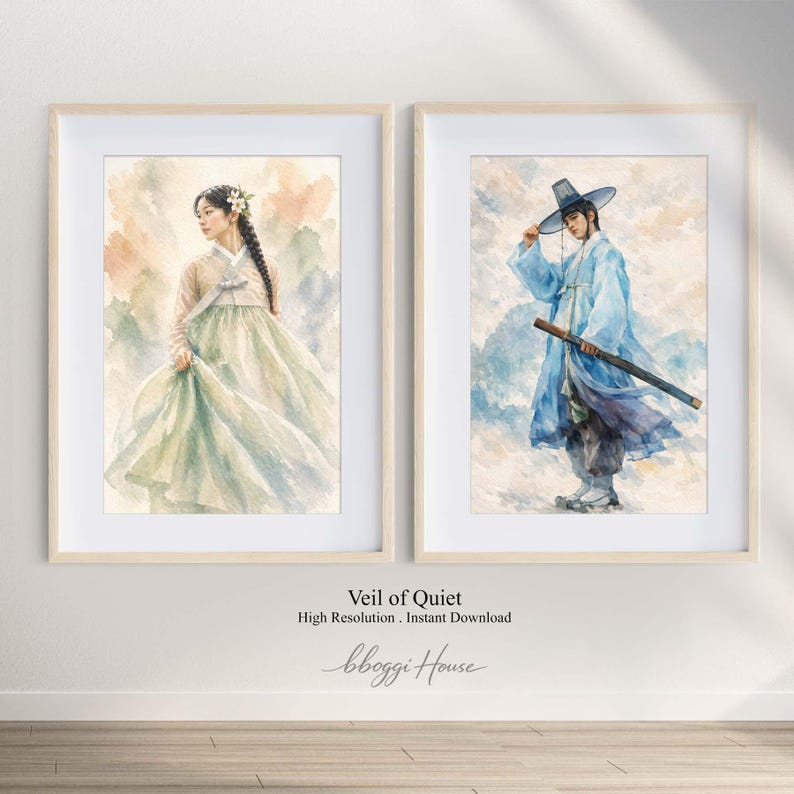 Veil of Quiet Korean Hanbok Couple Wall Art Set of 2 Pastel Neutral ...