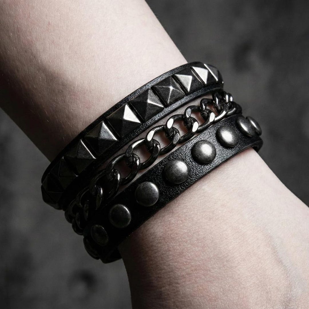 Gothic Punk Leather Bracelet for Men & Women – Studded Chain Wristband ...