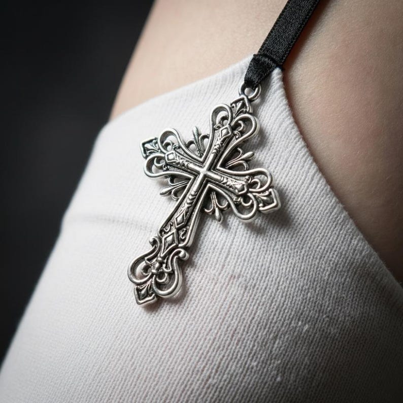 White Gothic Suspender Thigh High Socks – Cross Charm Over Knee ...