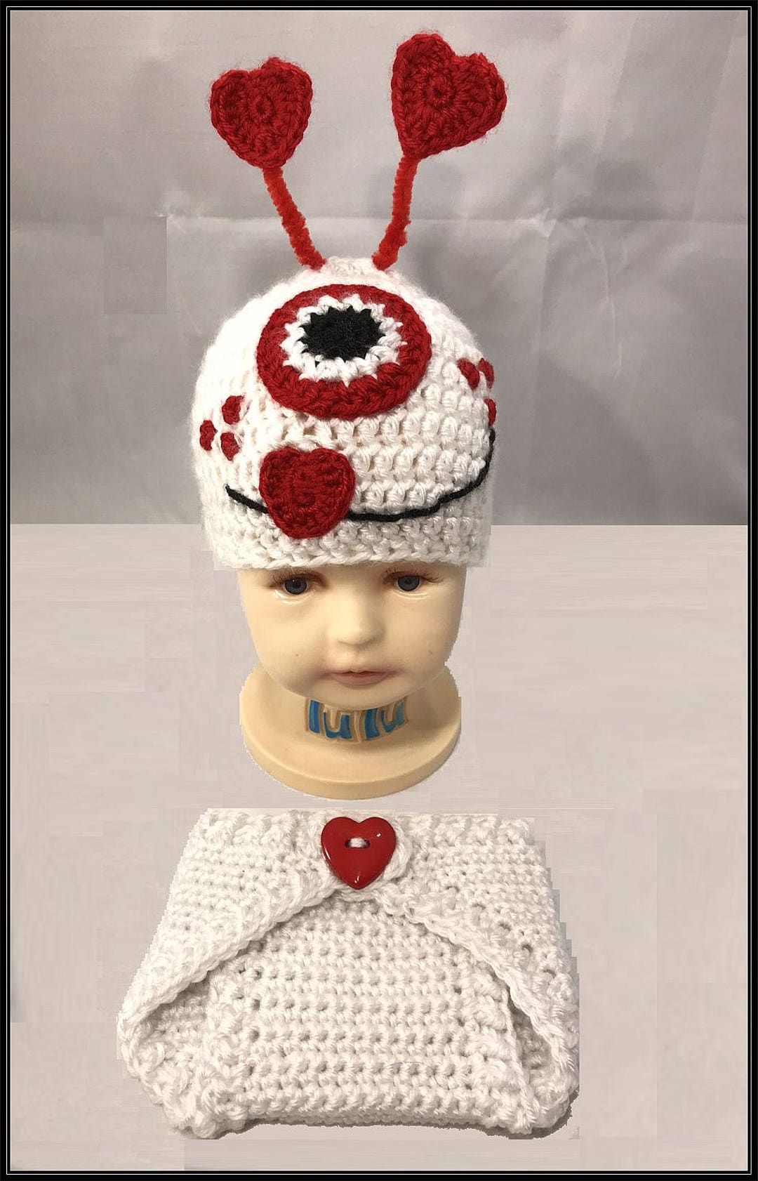 Crocheted One-eye'd Love Bug Valentine Hat and Diaper Cover With 3 ...
