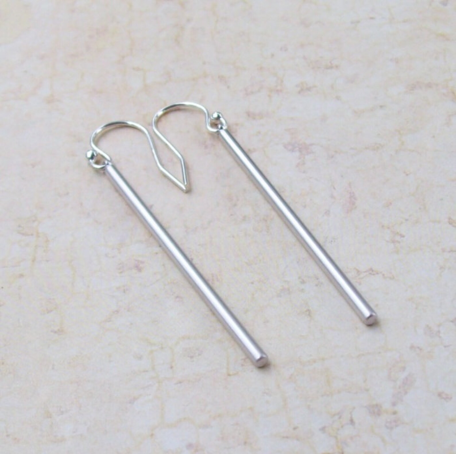 Matte Silver Earrings, Bar Earrings, Hooks, Round, Sterling Silver ...