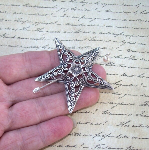 Silver Star Shawl Pin Filigree Scarf Pin Silver Star Sweater - Etsy