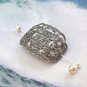 Silver Victorian Shawl Pin, Oval Filigree Scarf Pin, Stick Pin, Lapel ...