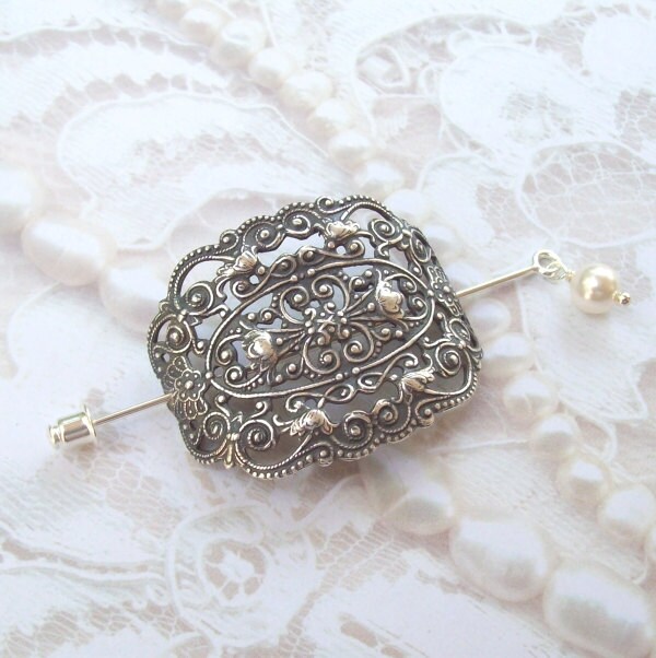 Silver Victorian Shawl Pin, Oval Filigree Scarf Pin, Stick Pin, Lapel ...