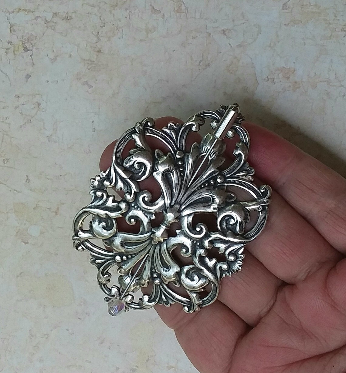 Lg Silver Shawl Pin, Victorian Filigree, Large Shawl Pin, Scarf Pin ...