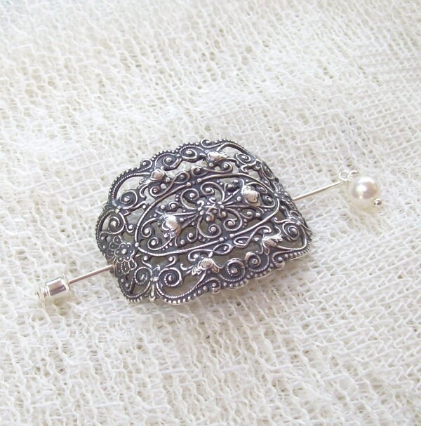 Silver Victorian Shawl Pin, Oval Filigree Scarf Pin, Stick Pin, Lapel ...