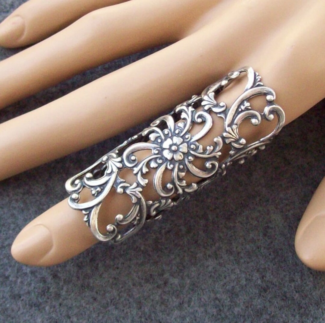 Adjustable Silver Victorian Ring, Long Finger Ring, Floral, Thumb Ring ...