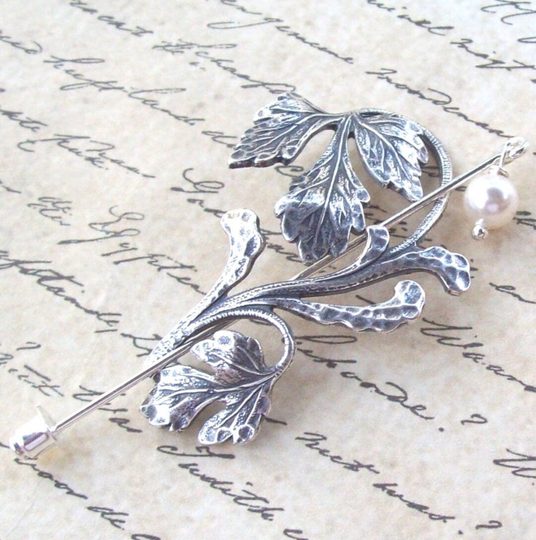 Silver Leaf Shawl Pin, Branch Scarf Pin, Silver Shawl Pin, Brass ...