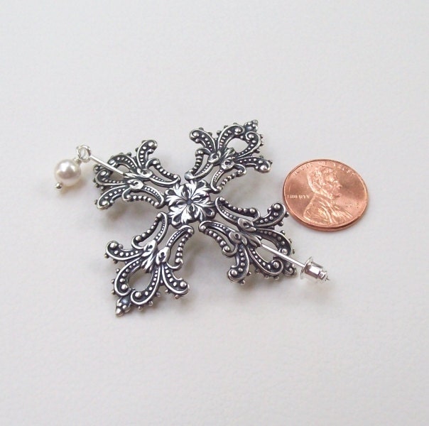 Gothic Cross Shawl Pin, Silver Lapel Pin, Goth, Hair Slide, Silver ...