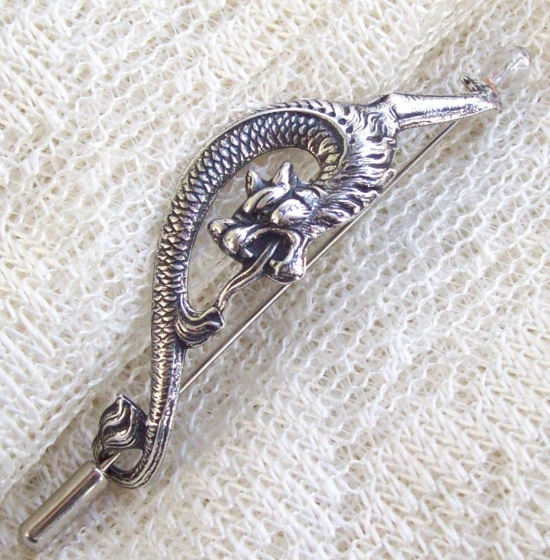 Dragon Shawl Pin, Dragon Scarf Pin, Silver Shawl Pin, Sweater Pin, Hair ...