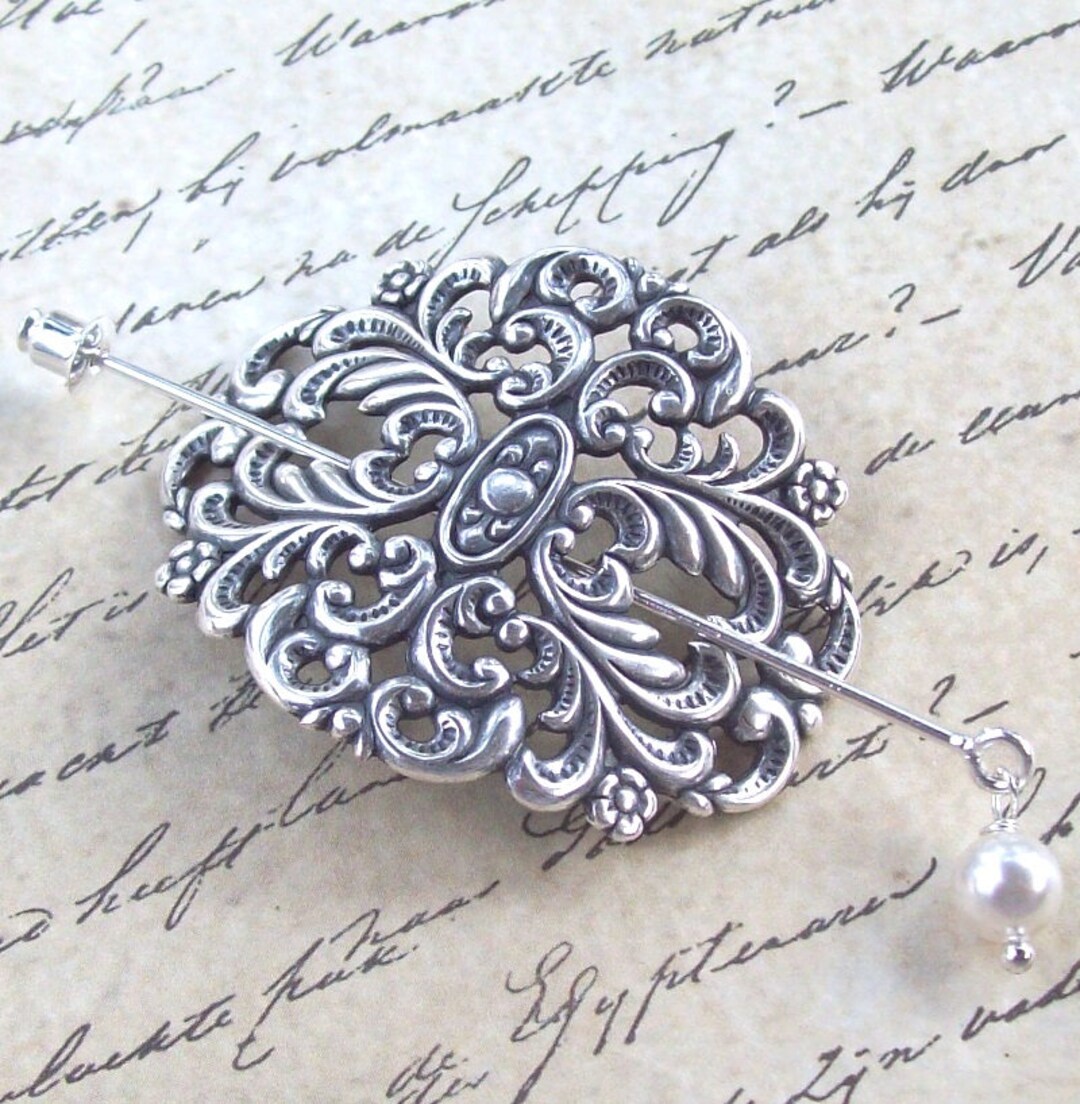 Victorian Shawl Pin, Oval Filigree Scarf Pin, Stick Pin, Lapel Pin ...