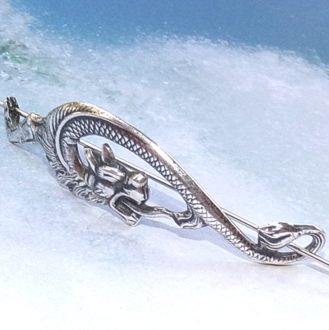 Dragon Shawl Pin, Dragon Scarf Pin, Silver Shawl Pin, Sweater Pin, Hair ...