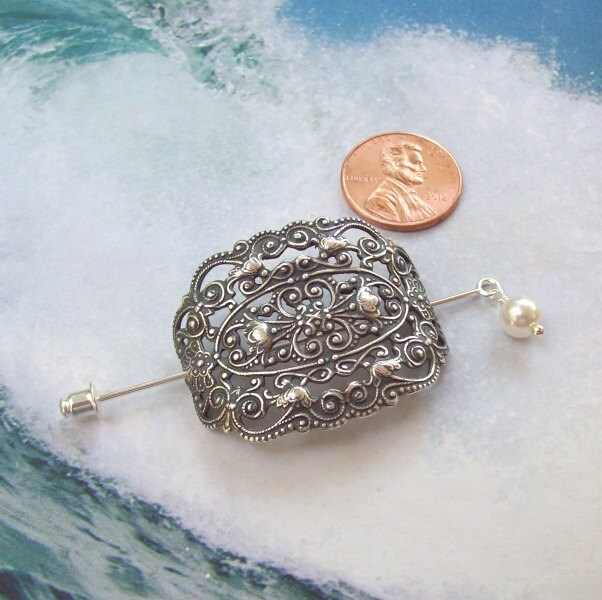 Silver Victorian Shawl Pin, Oval Filigree Scarf Pin, Stick Pin, Lapel ...