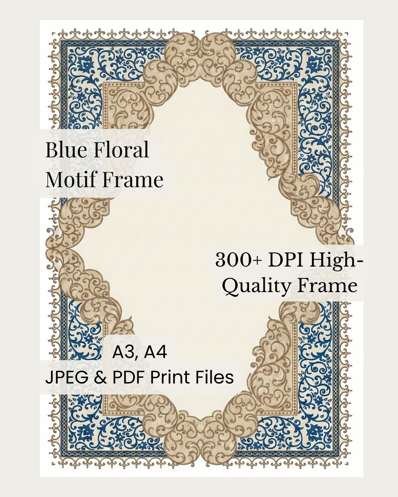 Blue Iznik Tile Border Frame, Sapphire Floral Scroll Design, Formal ...