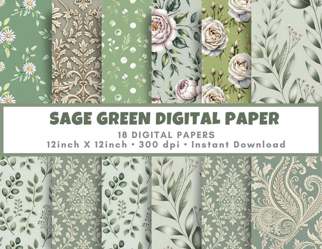 Sage Green Floral Digital Paper: Shabby Chic Scrapbooking Prints (12x12 ...