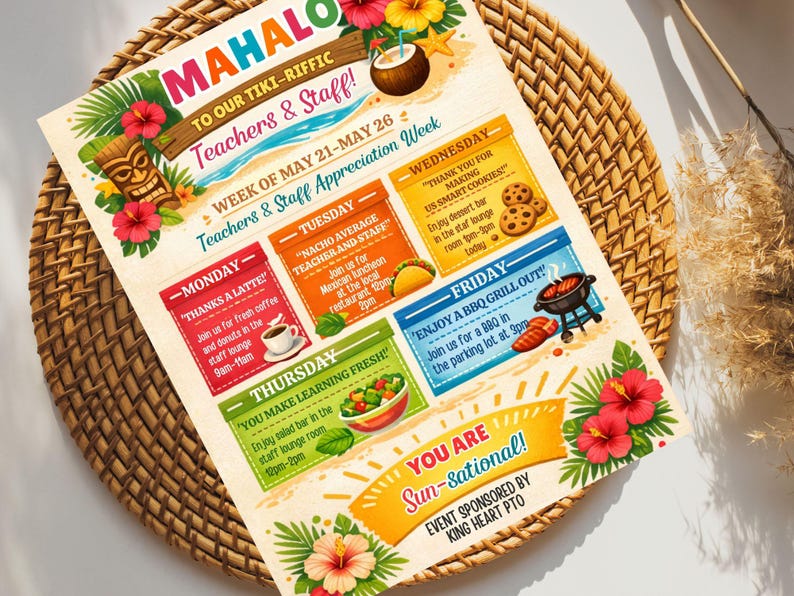 Editable Hawaiian Themed Teacher Appreciation Week Itinerary Beach ...