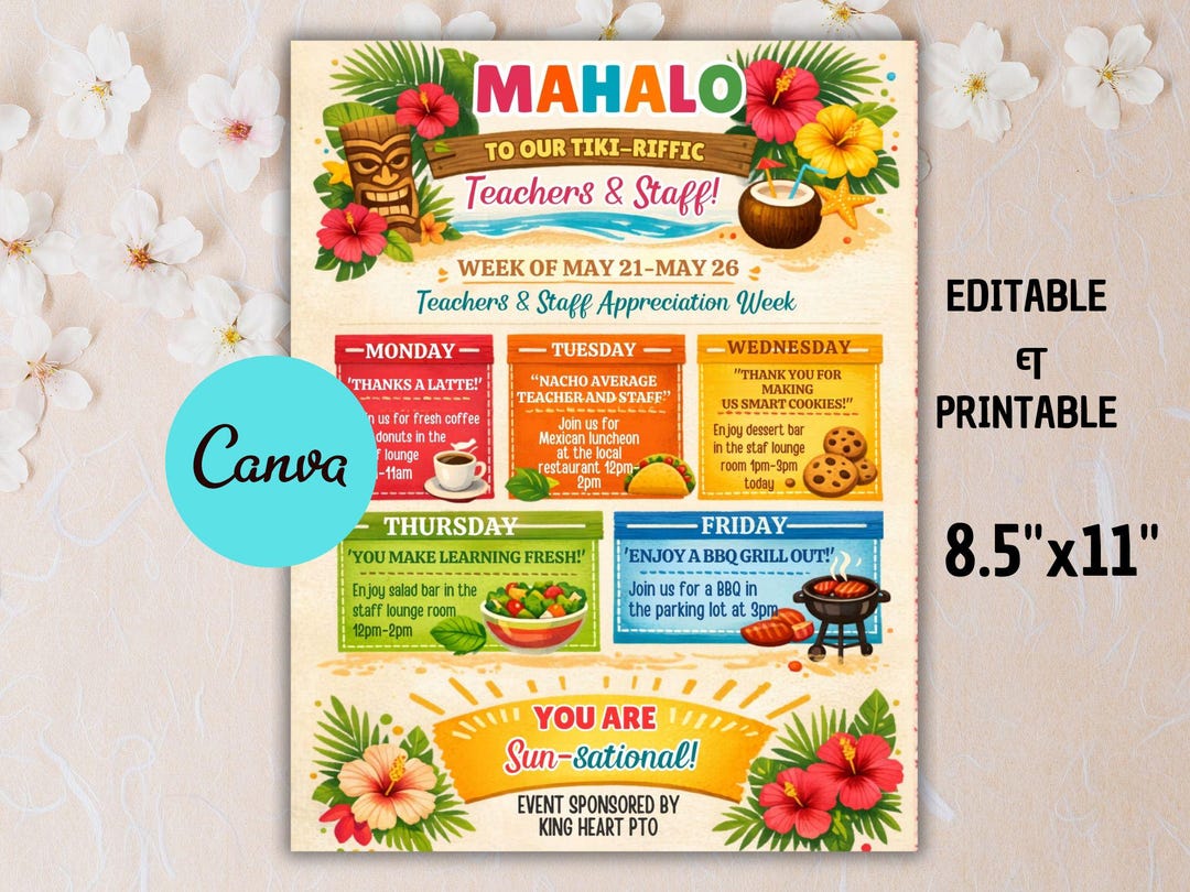 Editable Hawaiian Themed Teacher Appreciation Week Itinerary Beach ...