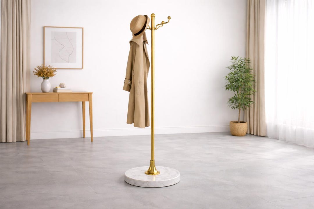 Handmade Brass Floor Coat Rack With Marble Base – Modern Freestanding ...