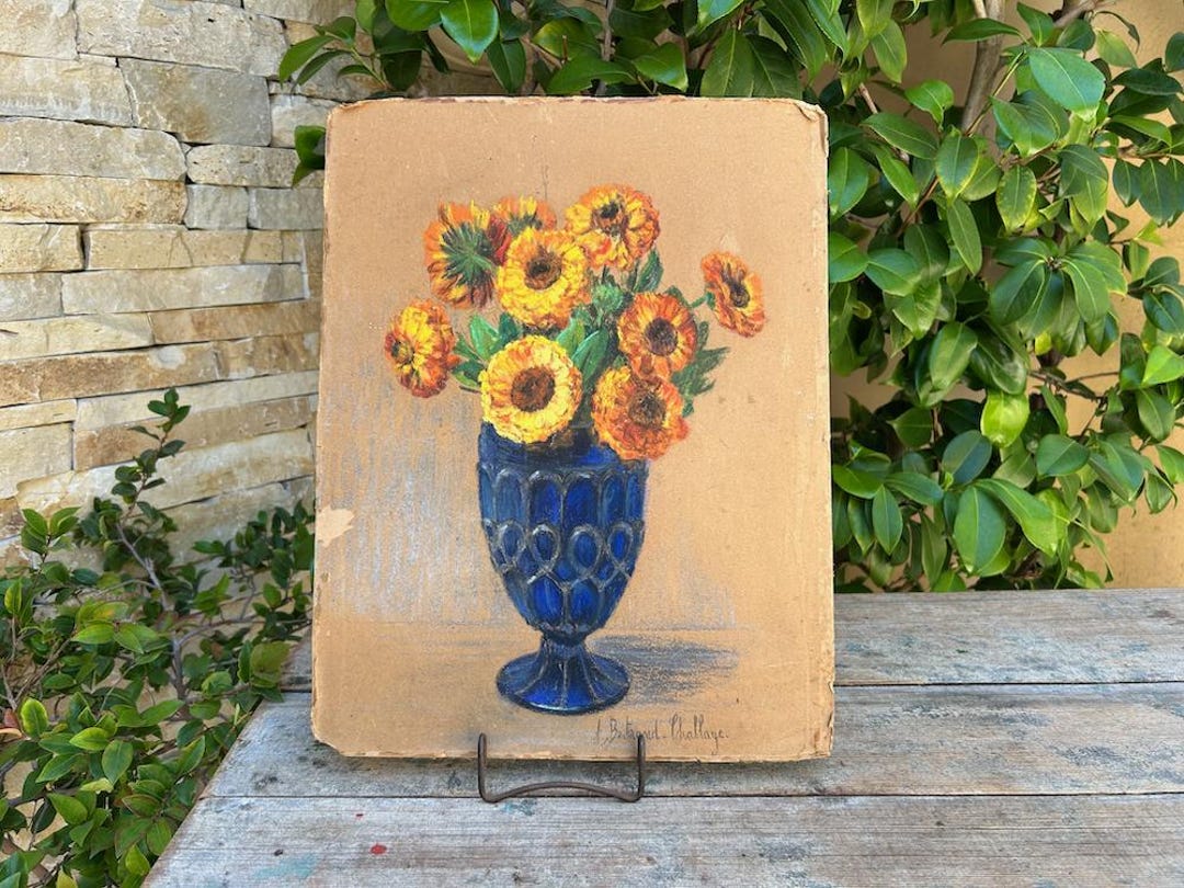 Antique French Floral Still Life Painting: Marigolds in Cobalt Vase ...