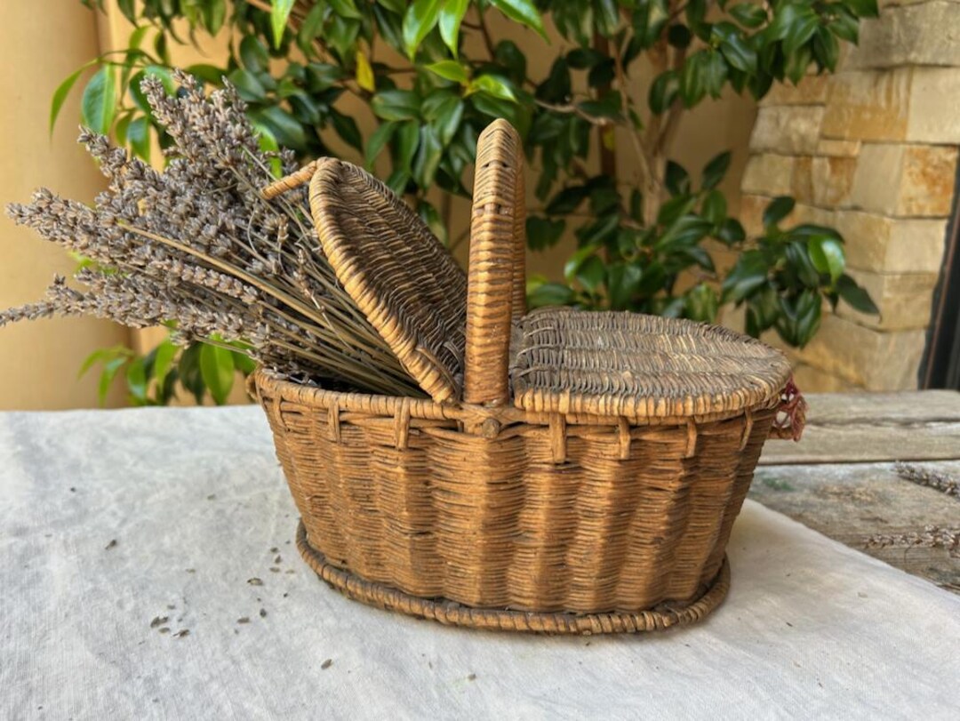 Antique French Wicker Basket: Handwoven Double Lid Egg Basket - Etsy