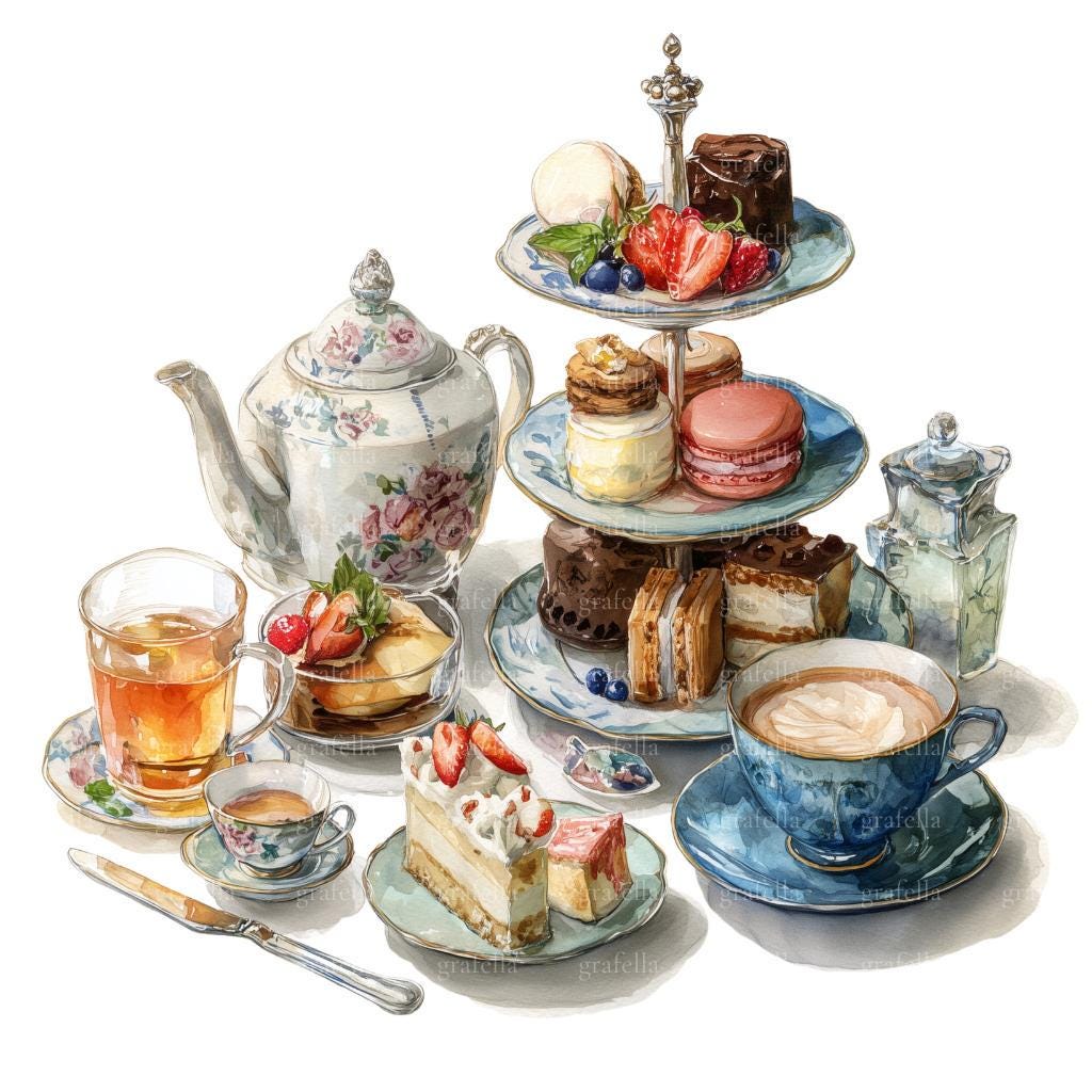 6 Vintage Tea Time Set Clipart, Afternoon Tea Party Clipart, Watercolor ...