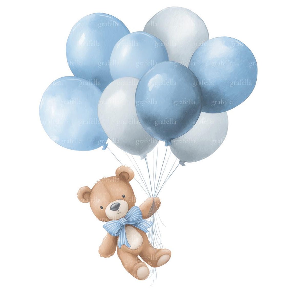 10 Teddy Bear and Blue Balloons Clipart, Watercolor Boy Bear Baby ...