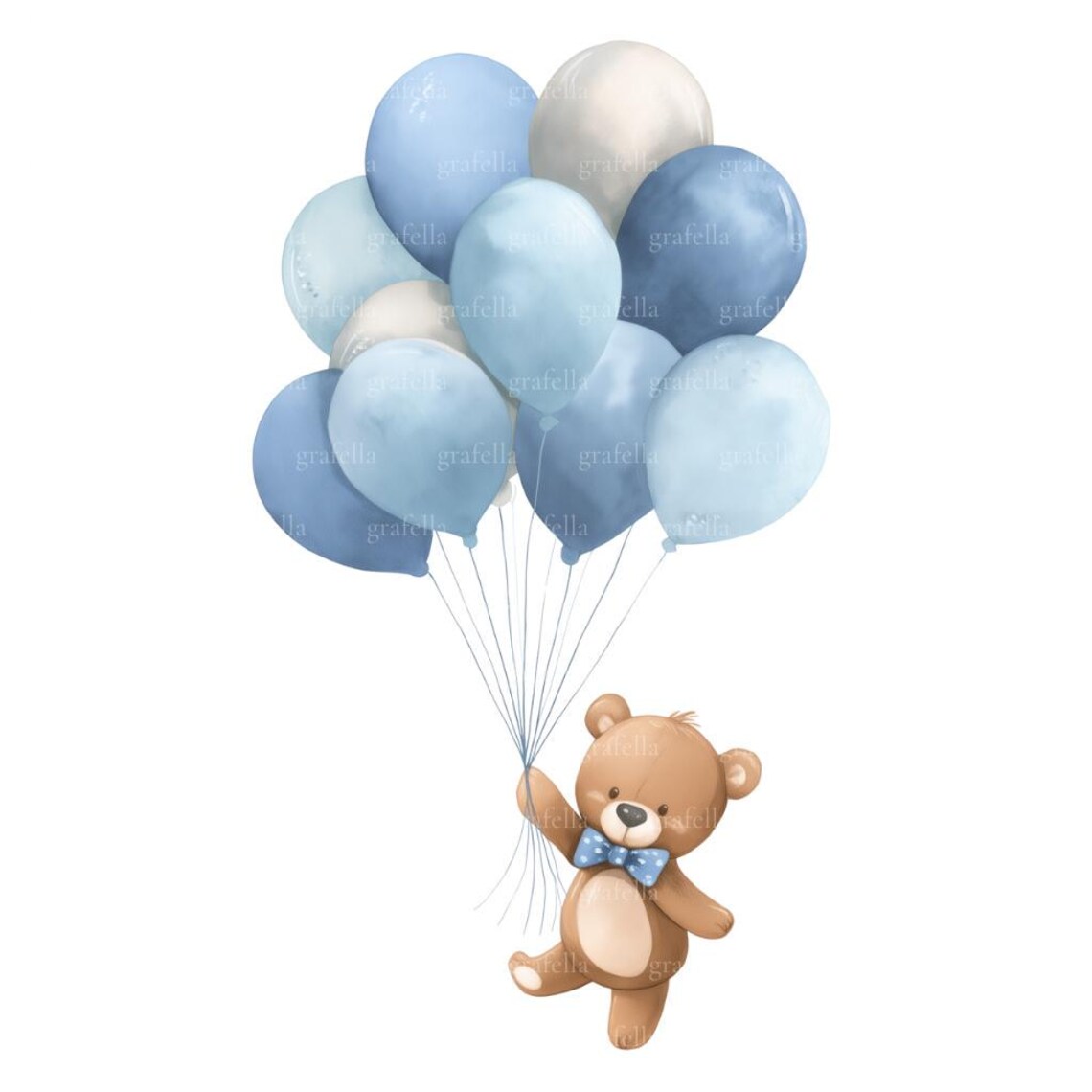 10 Teddy Bear and Blue Balloons Clipart, Watercolor Boy Bear Baby ...