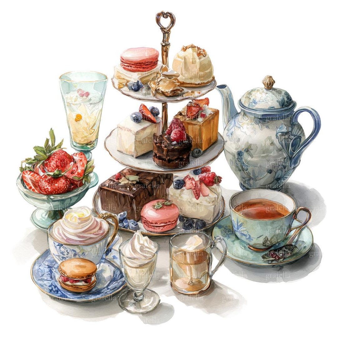 6 Vintage Tea Time Set Clipart, Afternoon Tea Party Clipart, Watercolor ...