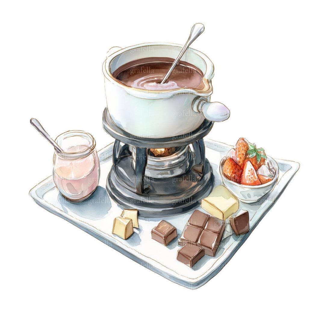 9 Chocolate Fondue Clipart, Fondue Party Clipart, Watercolor Chocolate ...